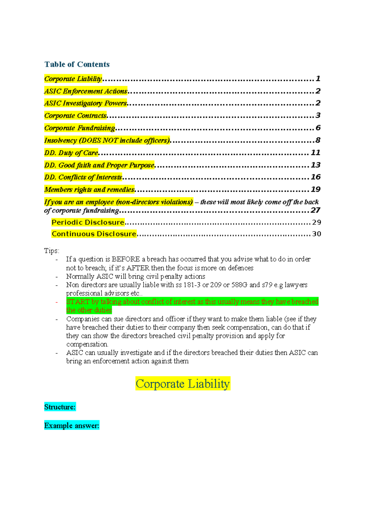 Final Corporate law structures for exams - Table of Contents Corporate ...