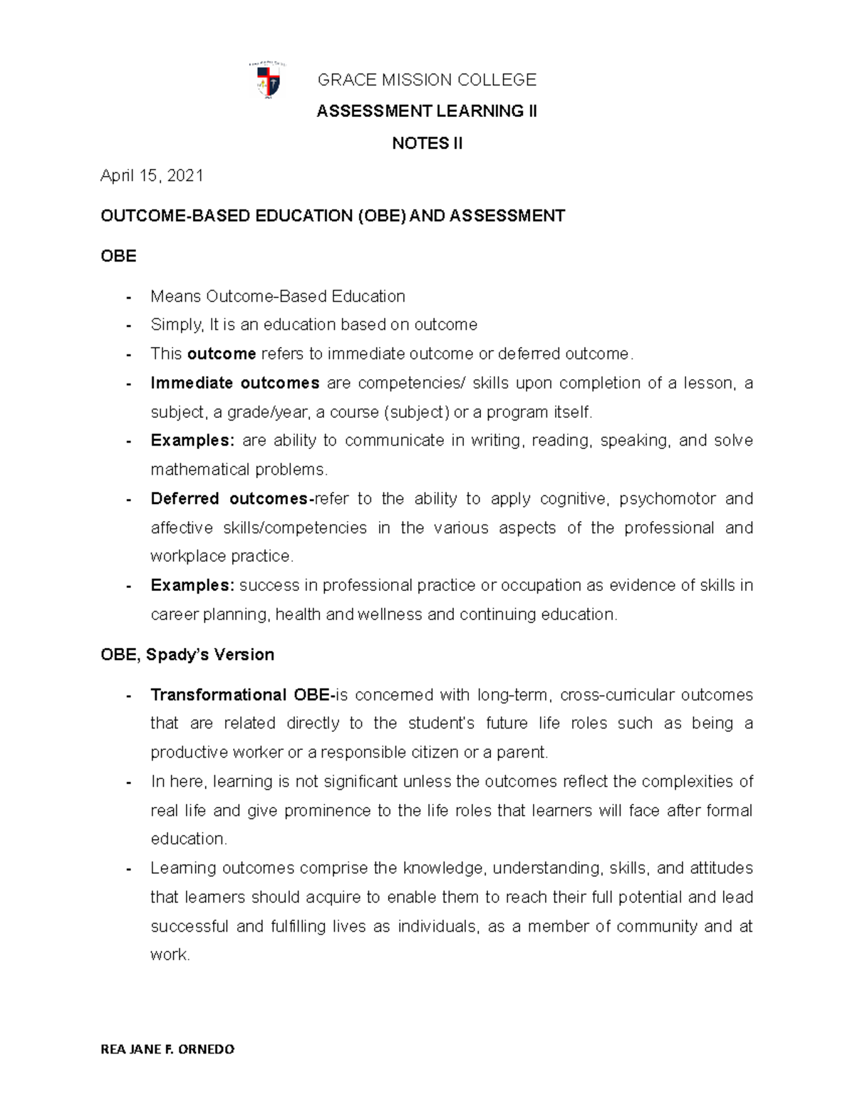 Assessement in Learning 2-Module 2 - GRACE MISSION COLLEGE ASSESSMENT ...