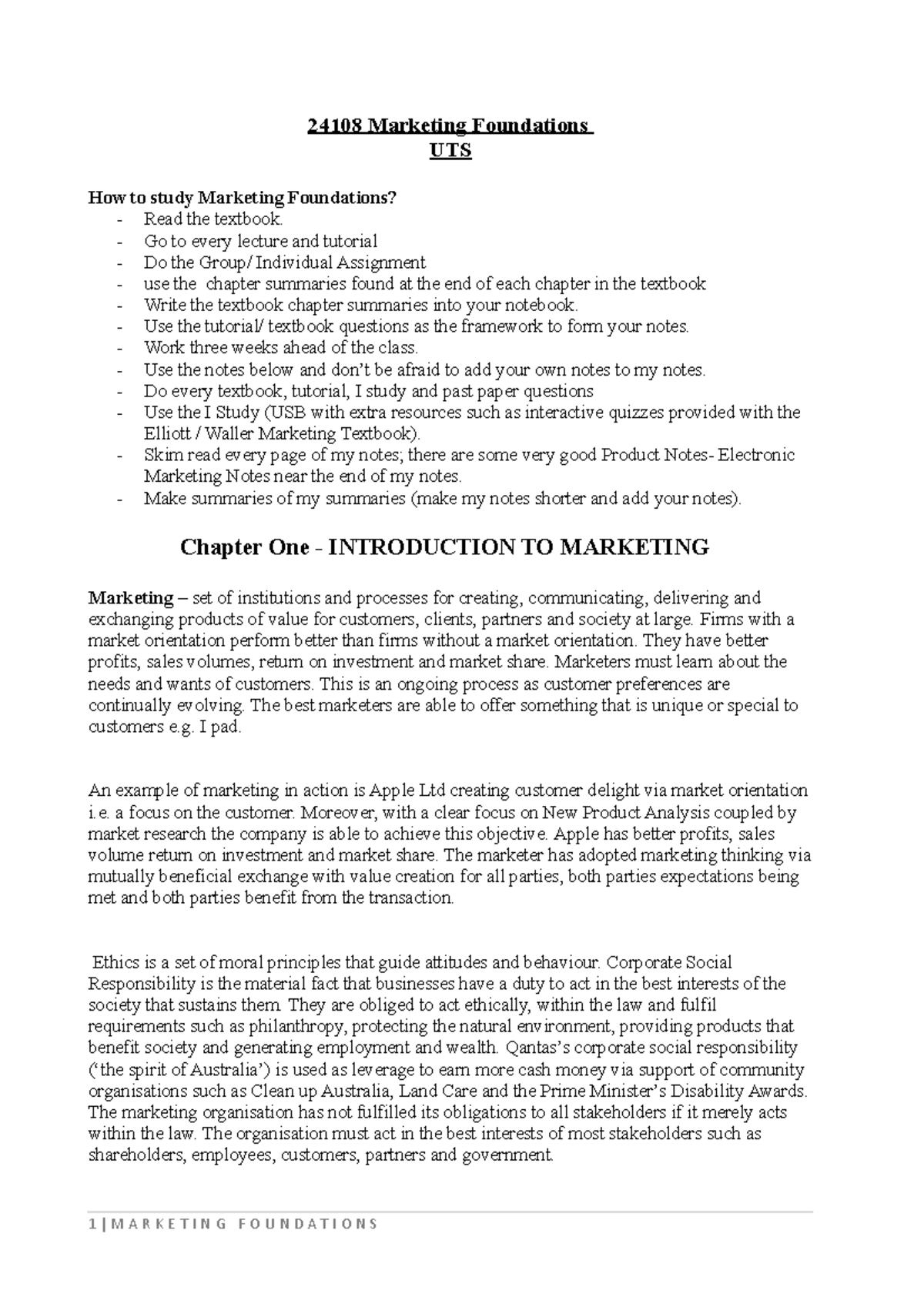 Marketing - Lecture notes 1-11 - 24108 Marketing Foundations UTS How to ...