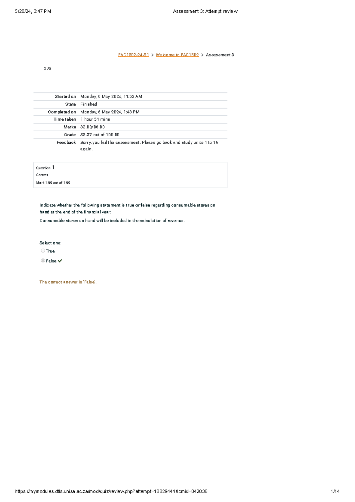 Assessment 3 Attempt review mmm - FAC1502-24-S1 Welcome to FAC1502 Assessment 3 Started on - Studocu