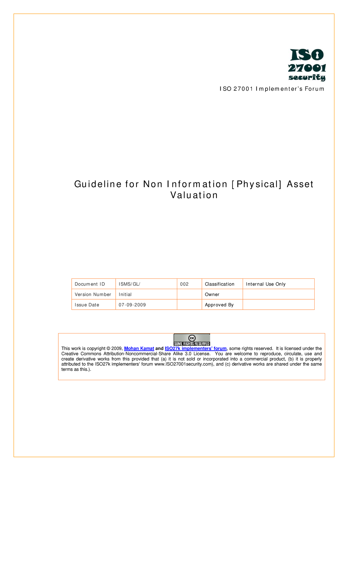 ISO27k Guideline for Non-Information [Physical] Asset Valuation - I SO ...