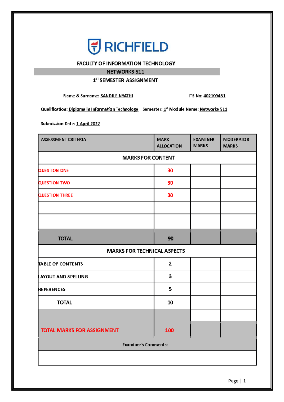 Networks -511- Assignment - FACULTY OF INFORMATION TECHNOLOGY NETWORKS 511 1 ST SEMESTER ...