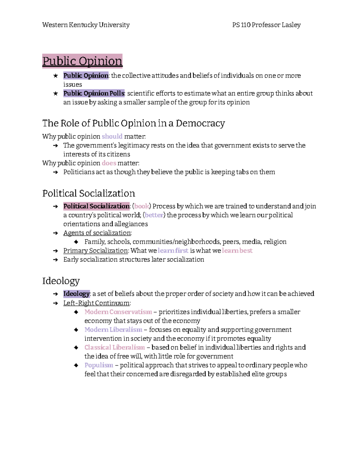 PS 110 Public Opinion - In class lecture notes for Professor Lasley PS ...