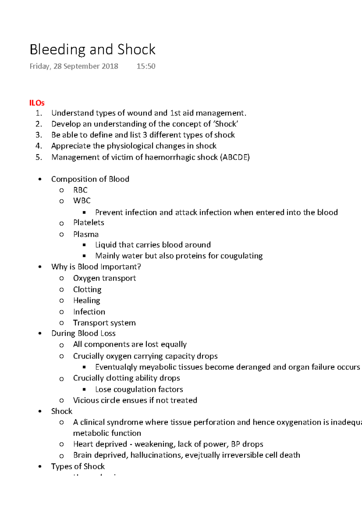 Bleeding and Shock - ILOs Understand types of wound and 1st aid ...