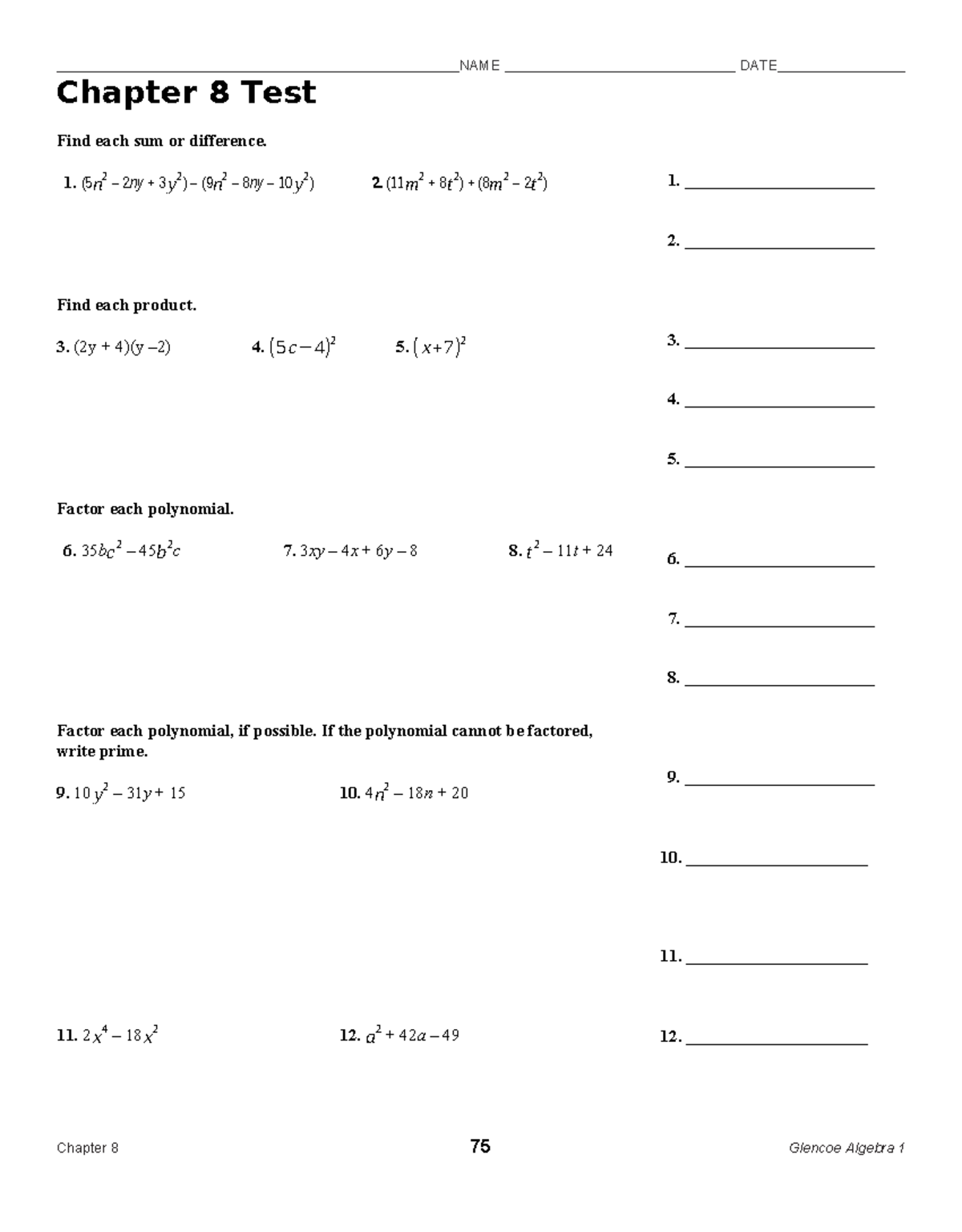 Chapter 8 Test Form 2c 2 - Inflict D 