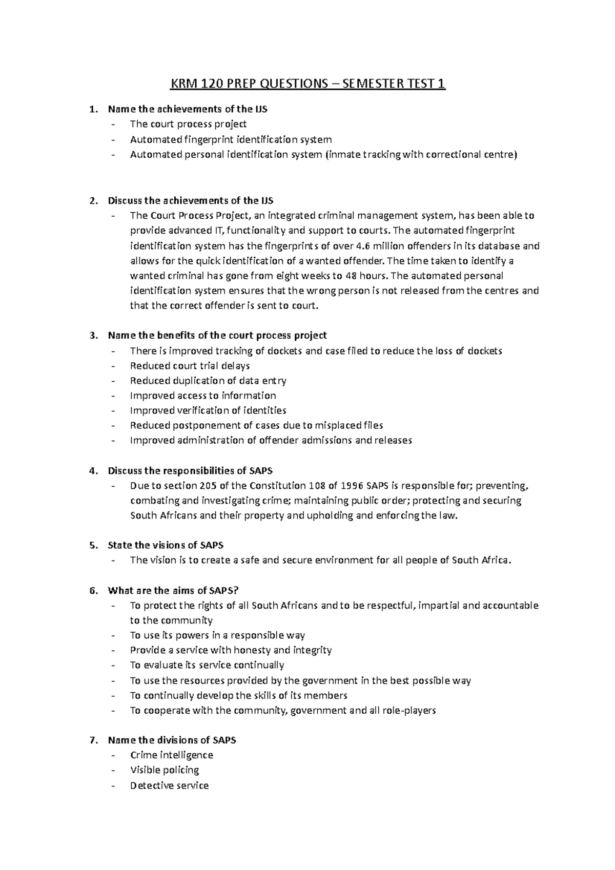 KRM 120 SEM TEST 1 PRAC Questions - KRM 120 PREP QUESTIONS – SEMESTER ...