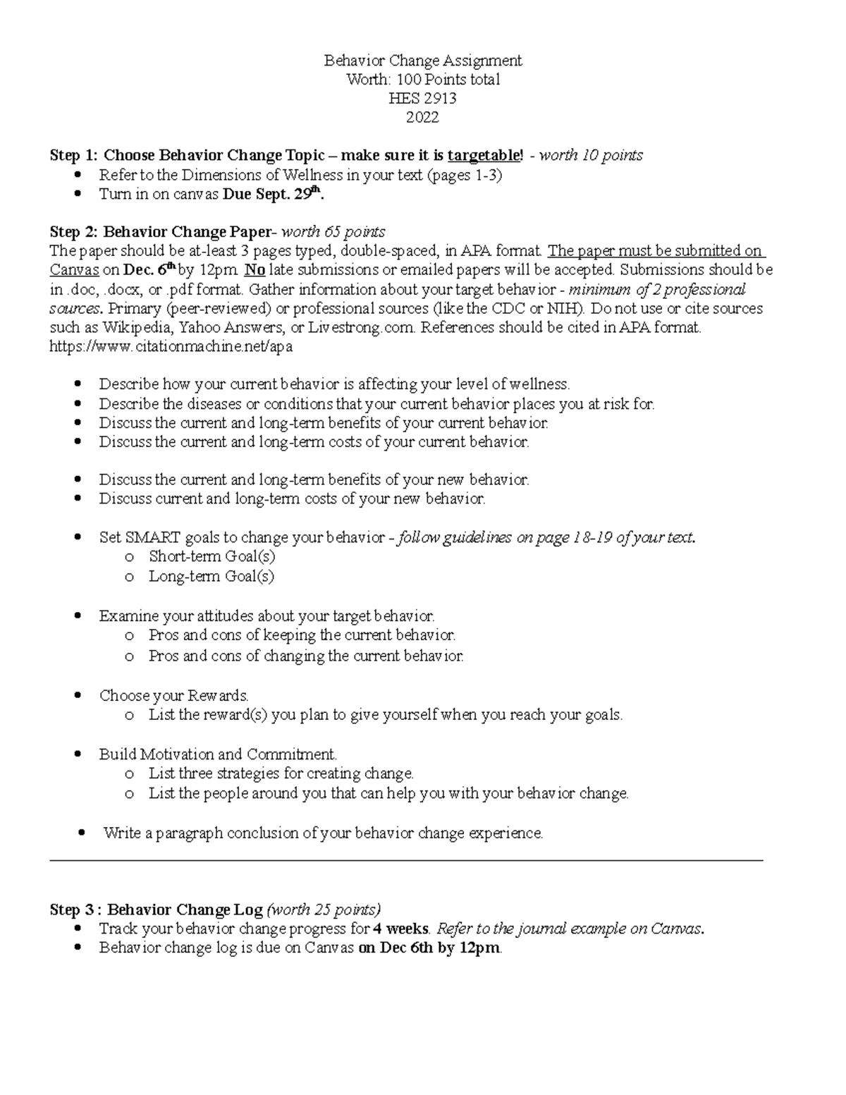 Behavior Change Assignment 2022 - Behavior Change Assignment Worth: 100 Points total HES 2913 ...