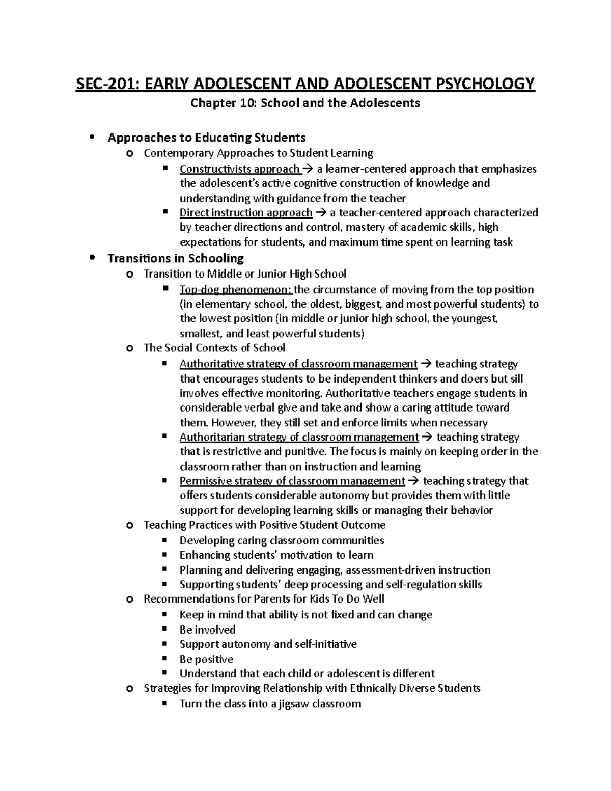 Chpt 10 - notes - SEC-201: EARLY ADOLESCENT AND ADOLESCENT PSYCHOLOGY ...