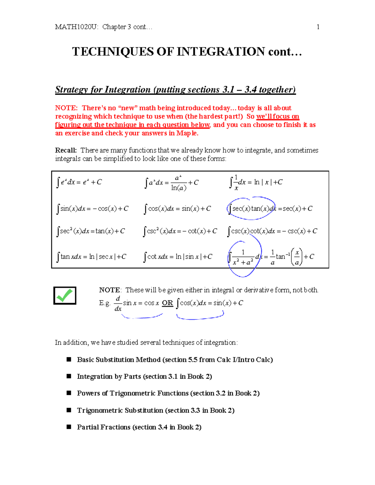 Week 3 Lecture 1 Ver. 2 - TECHNIQUES OF INTEGRATION cont... Strategy ...