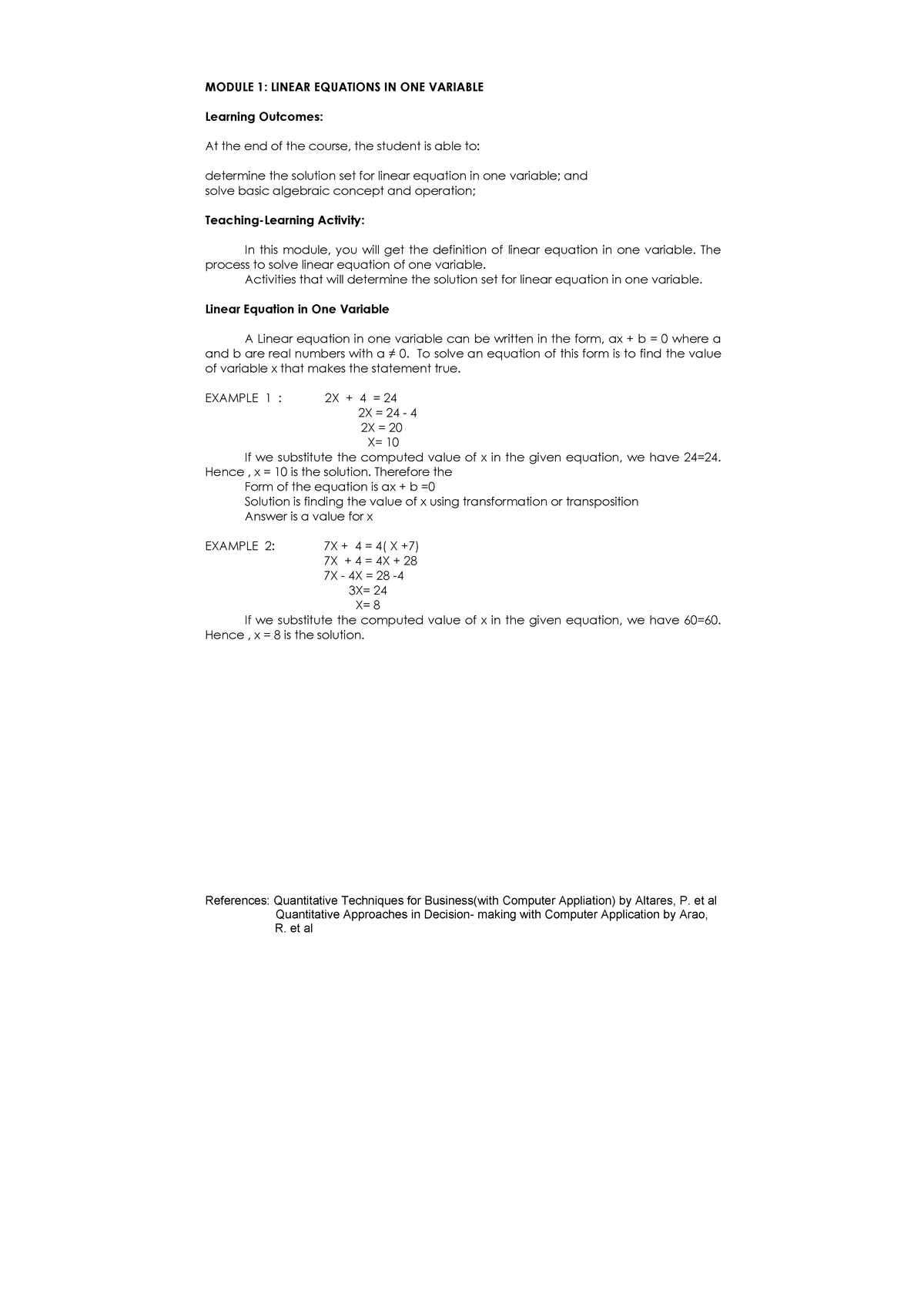 AE 106 Module 1 PDF - Lecture Notes - MODULE 1: LINEAR EQUATIONS IN ONE ...
