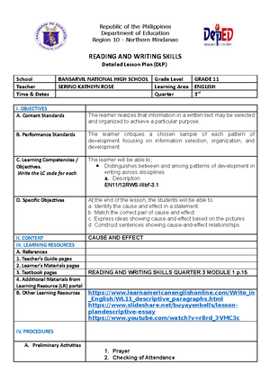 Cause and Effect Detailed Lesson Plan - Lesson Plan for Grade 8 English ...