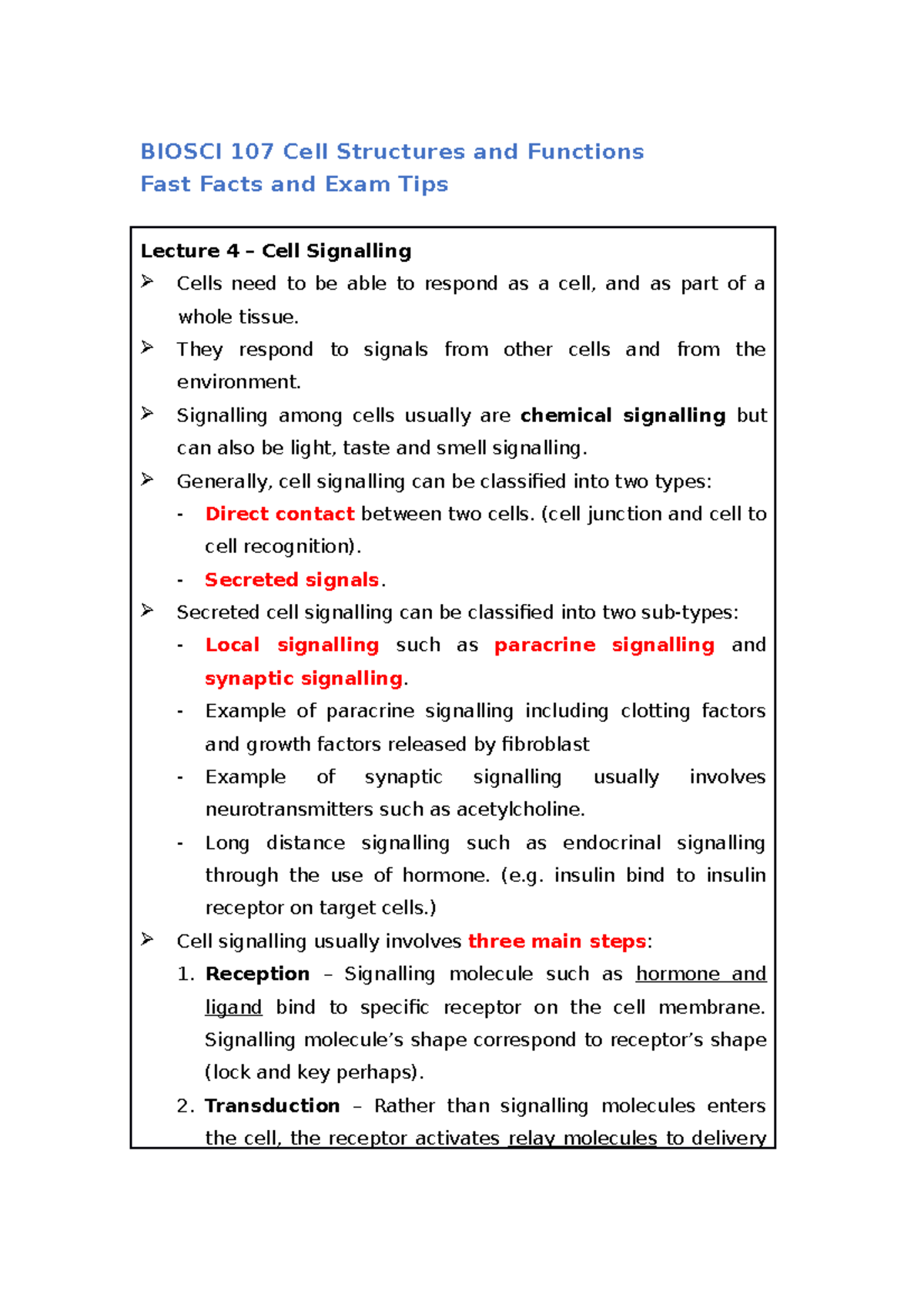 BIOSCI107 Cell Signalling - BIOSCI 107 Cell Structures and Functions ...