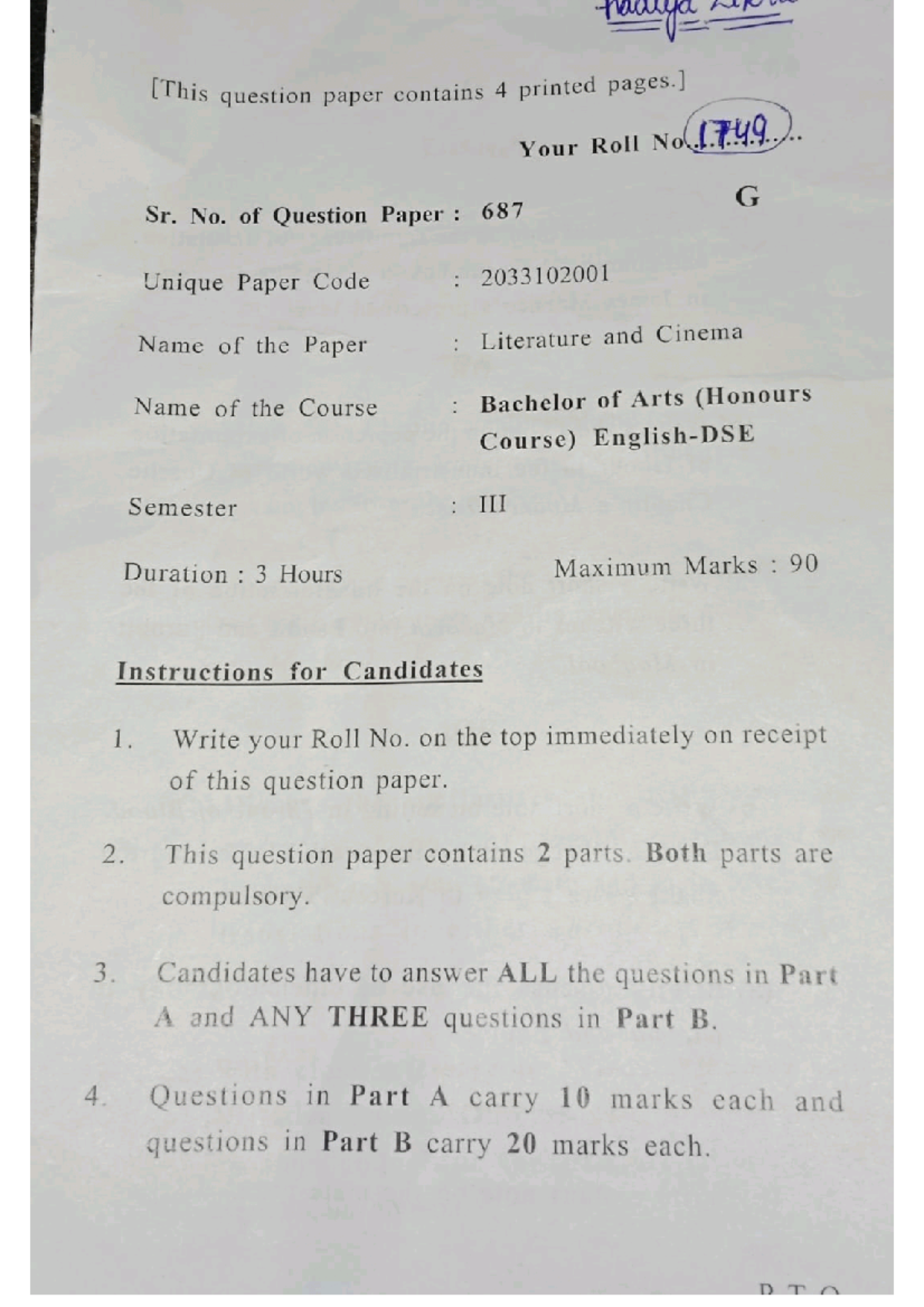 English Literatur AND Cinema - NN question paper contains 4 printed ...