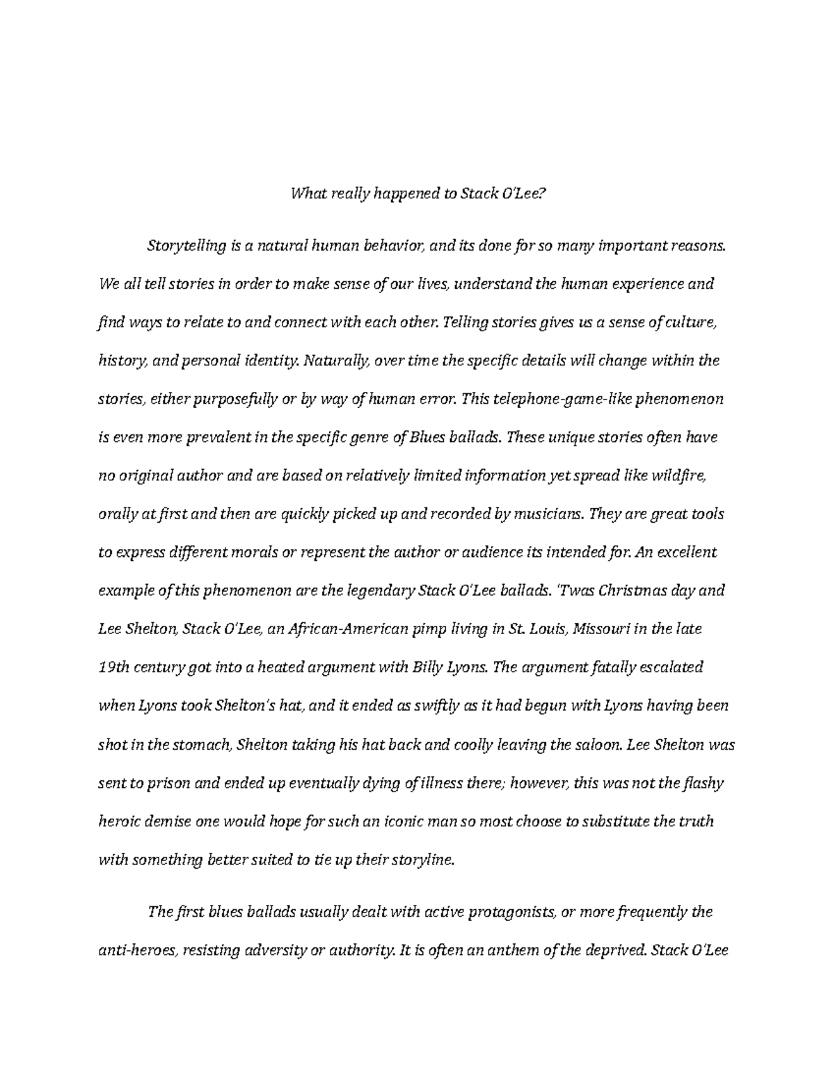 Closereading essay - Grade: A - What really happened to Stack O’Lee ...