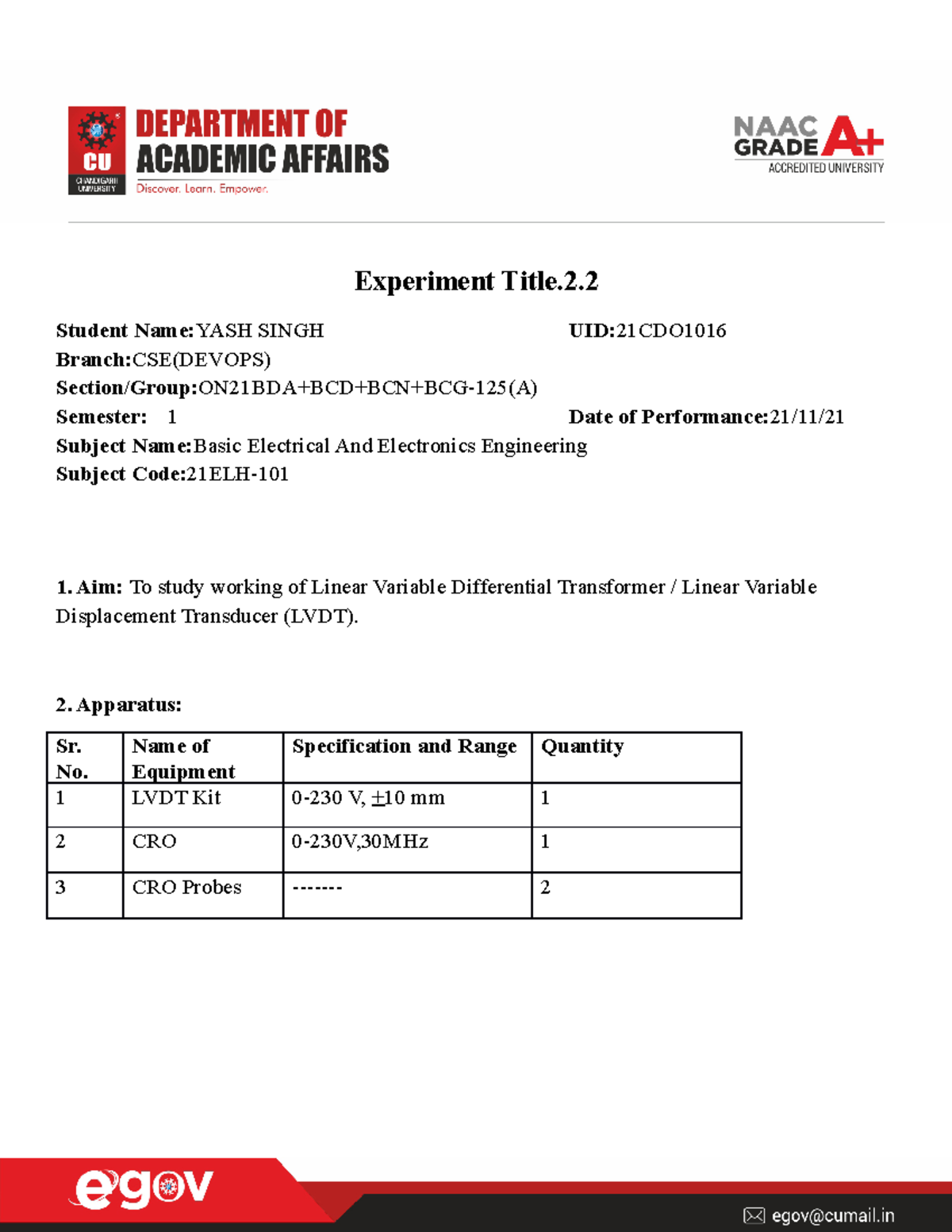 BEEE 2 - Basic electrical engineering - Experiment Title. Student Name: YASH SINGH UID: 21CDO ...