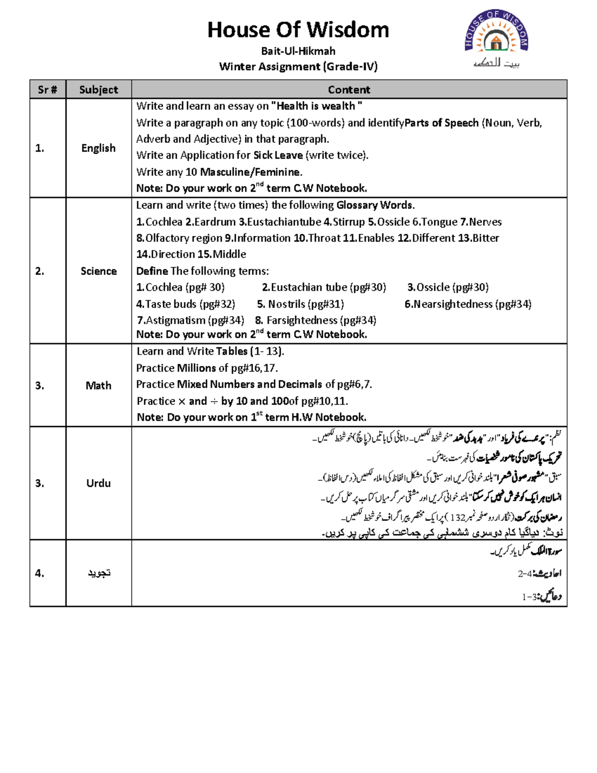 Grade 4 lectures for learning - House Of Wisdom Bait-Ul-Hikmah Winter ...
