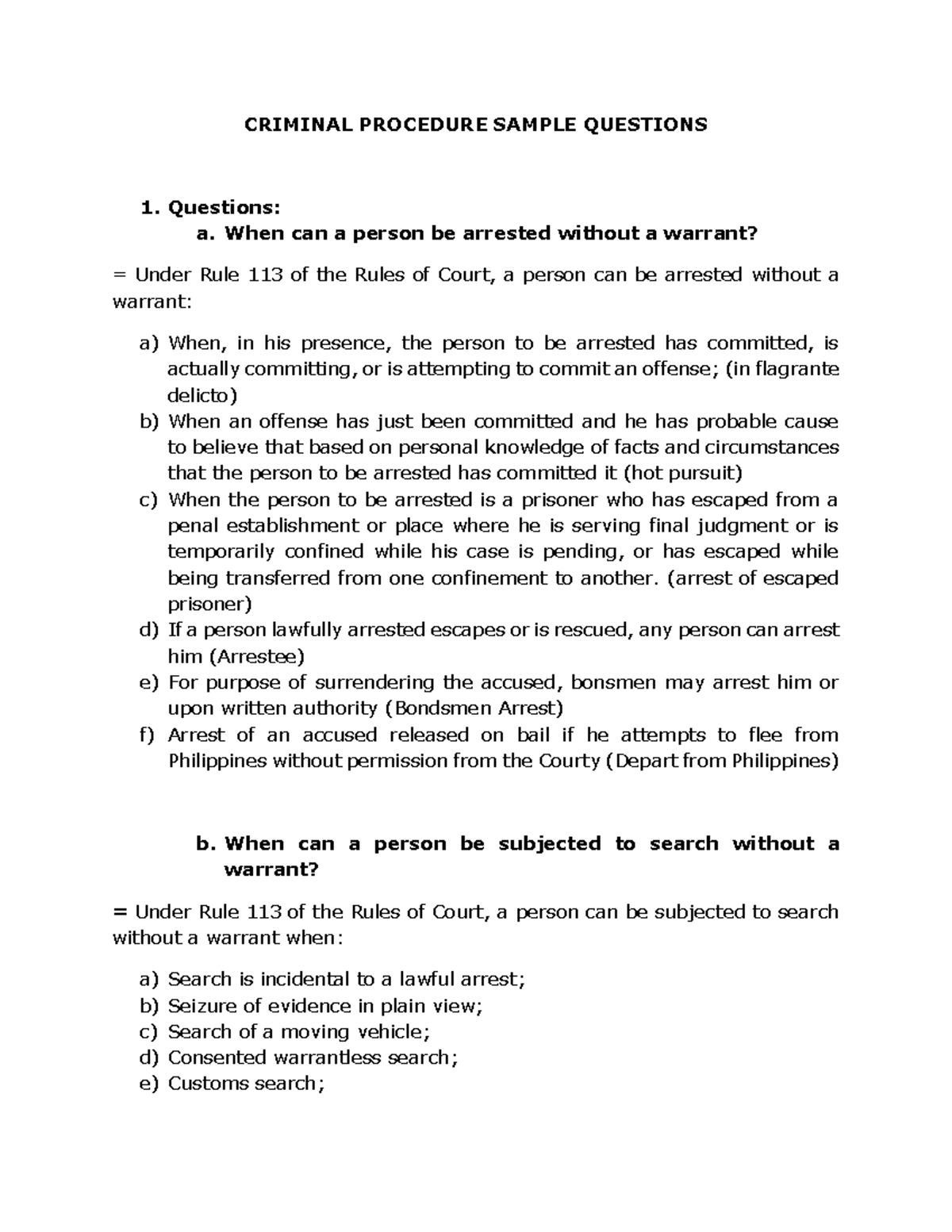 Criminal Procedure Sample Questions with answers - CRIMINAL PROCEDURE ...