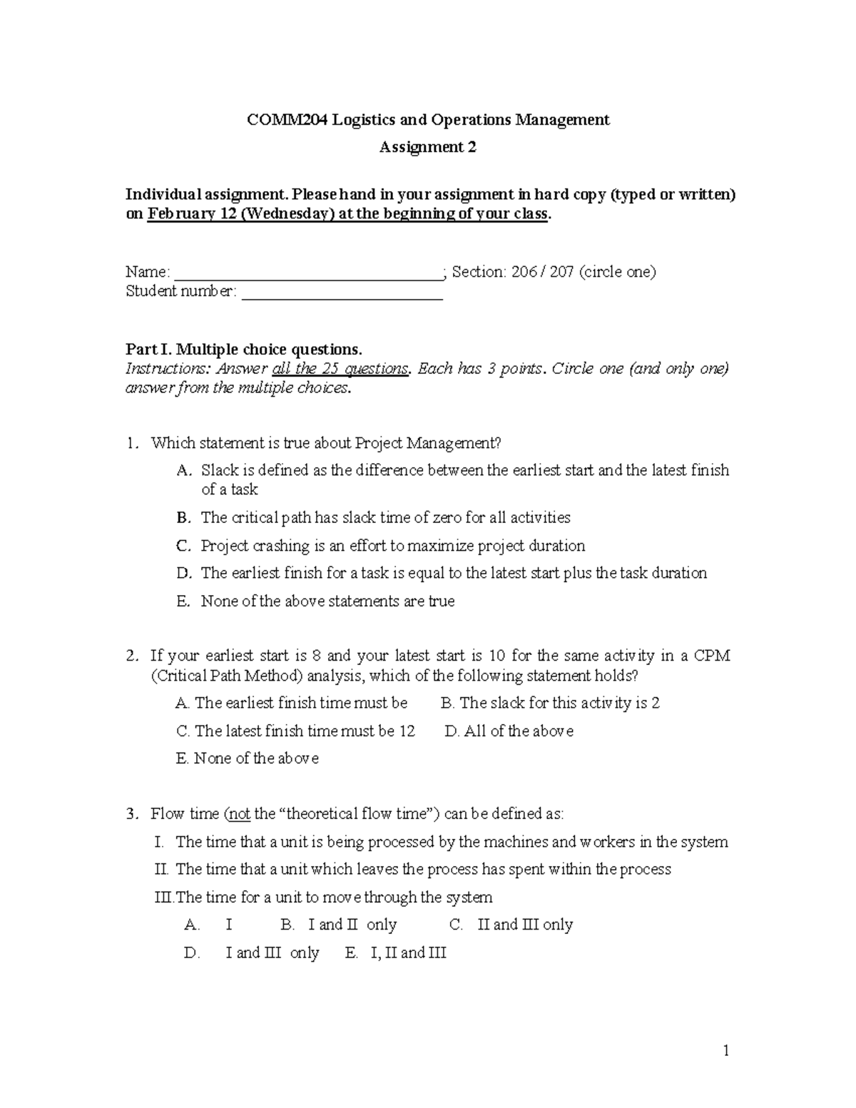 Assignment 2 - COMM204 Logistics and Operations Management Assignment 2 Individual assignment ...