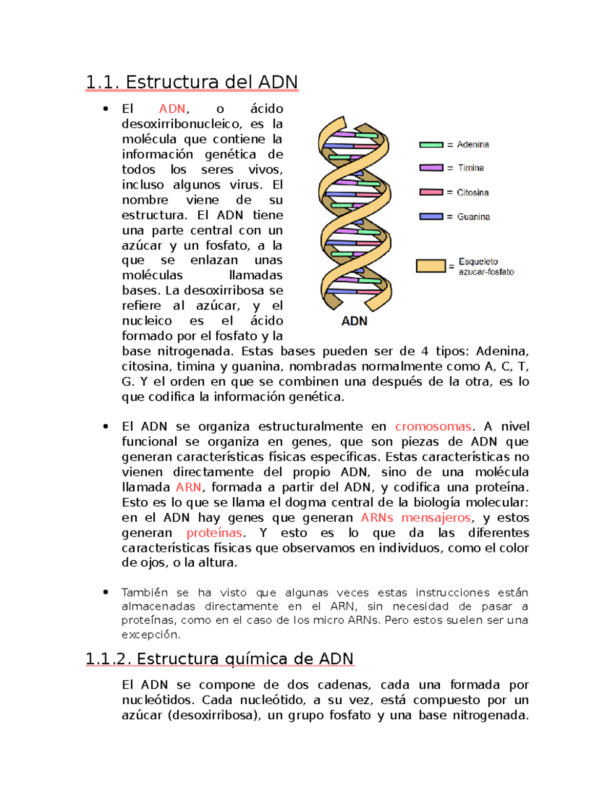ADN - resumen - 1. Estructura del ADN El ADN, o ácido desoxirribonucleico, es la molécula que ...