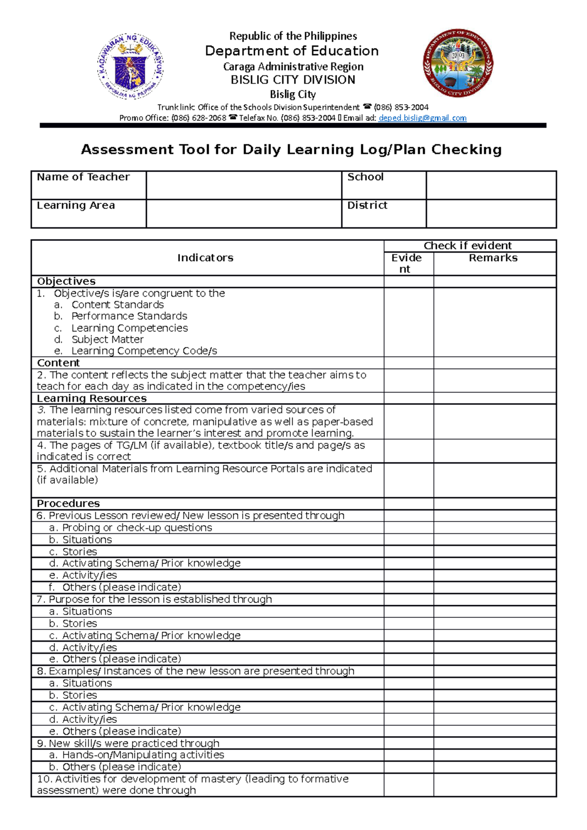 Assessment Tool for Daily Learning Log - Republic of the Philippines ...