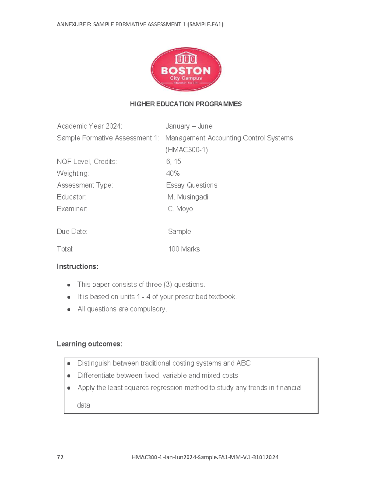 Sample 1 - To help prepare for assignments - ANNEXURE F: SAMPLE ...