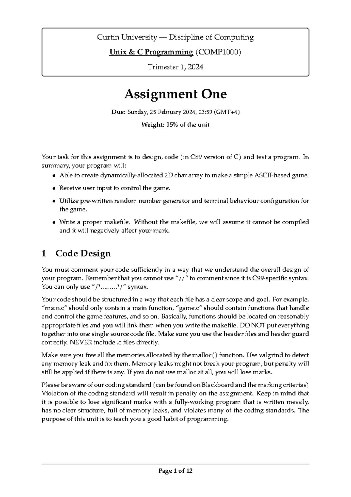 UCP 2024 T1 Assignment 1 - Curtin University — Discipline of Computing Unix & C Programming ...