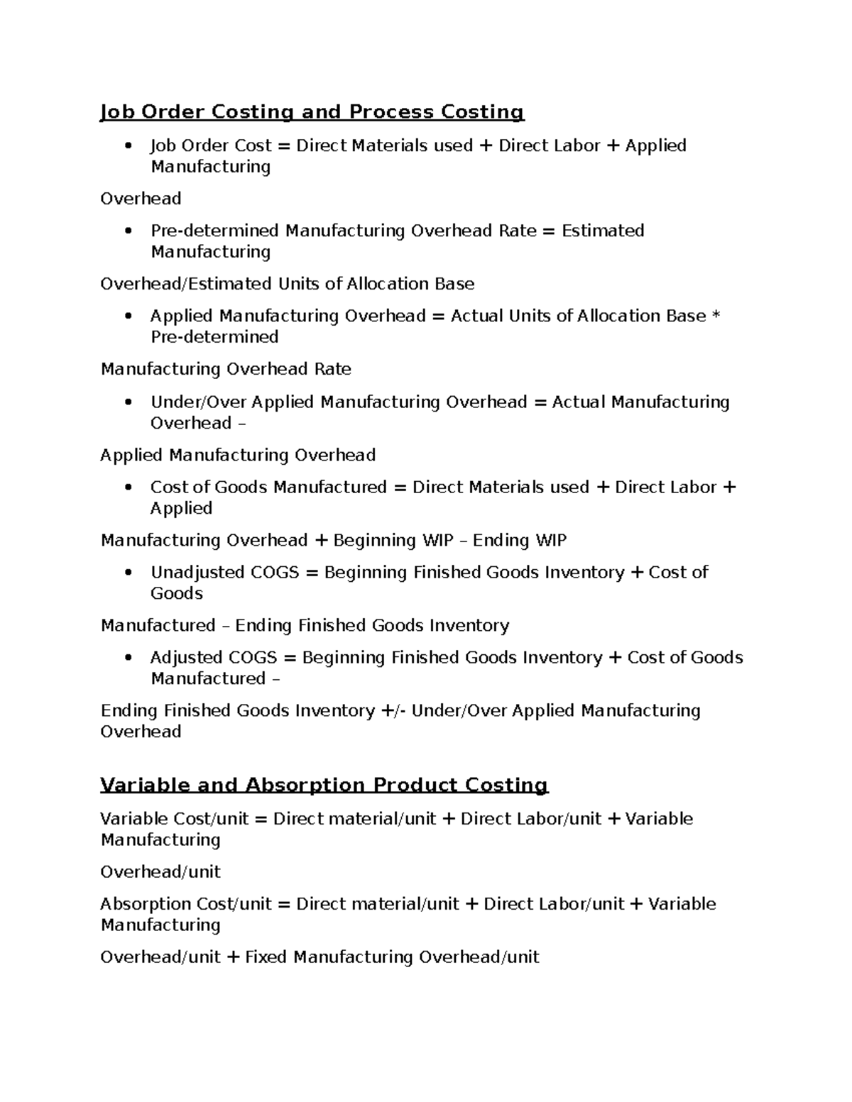 253 Formulas - Job Order Costing and Process Costing Job Order Cost ...