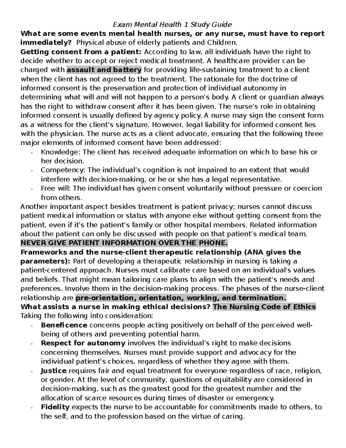 Study Guide for AZC Mental Health exam 1 - Exam Mental Health 1 Study ...