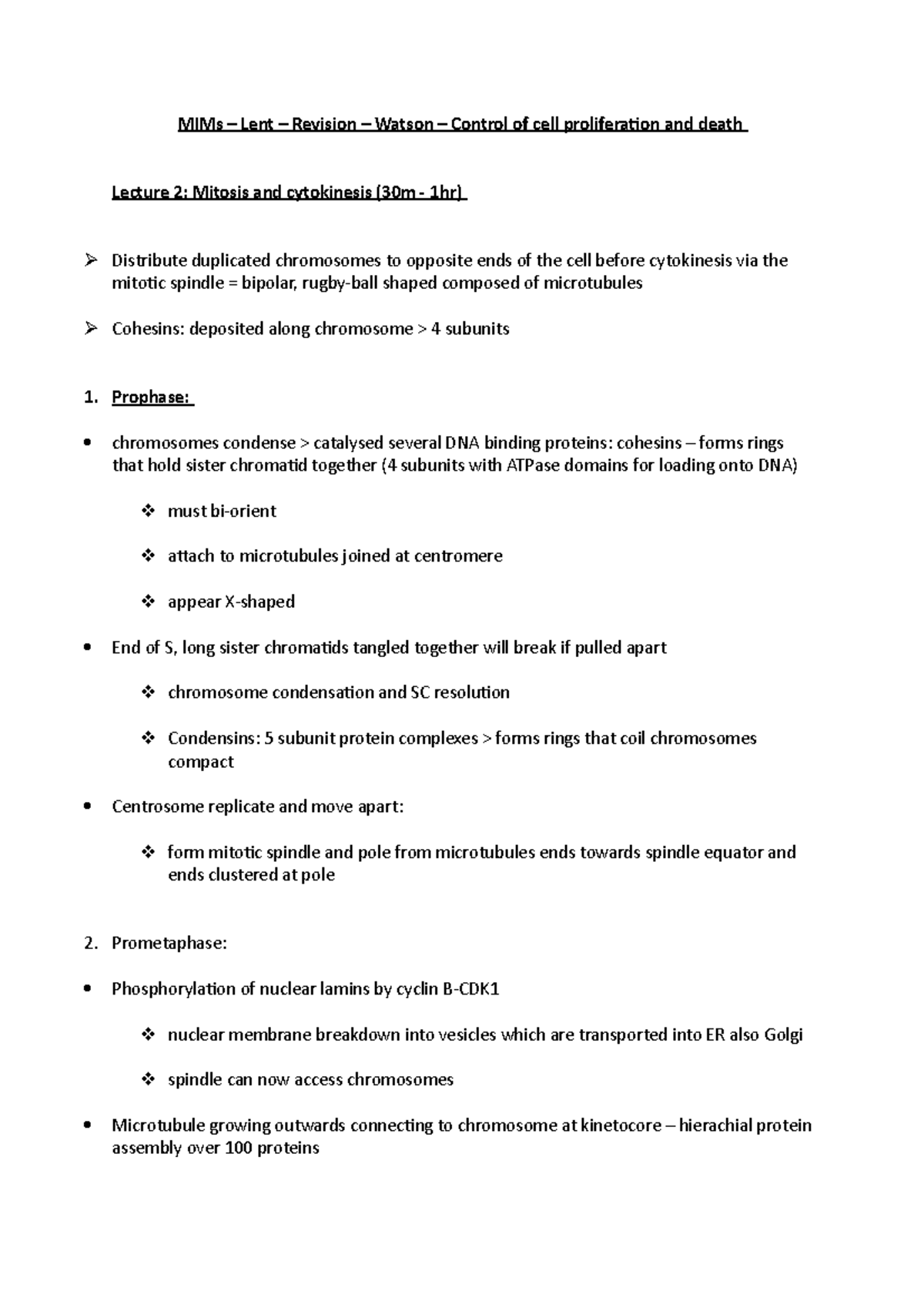 Control of cell proliferation and death - 5 - MIMs – Lent – Revision ...