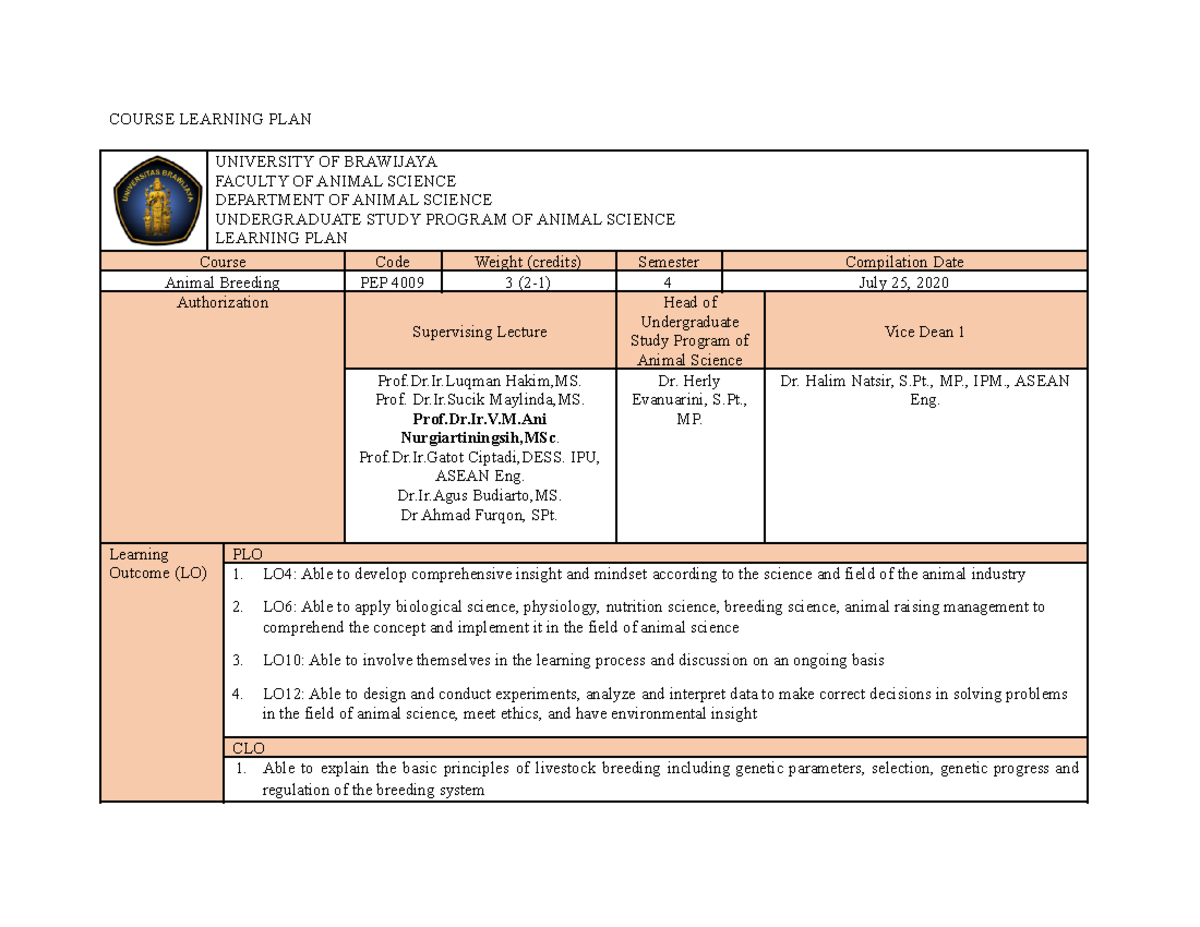 Animal-Breeding - None - COURSE LEARNING PLAN UNIVERSITY OF BRAWIJAYA ...