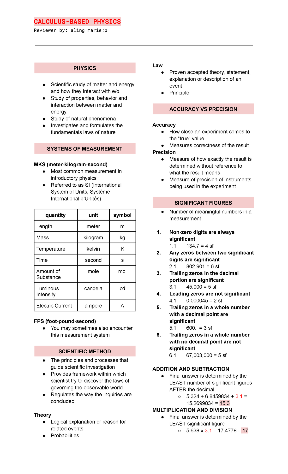 Physics - lecture notes - CALCULUS-BASED PHYSICS Reviewer by: aling ...