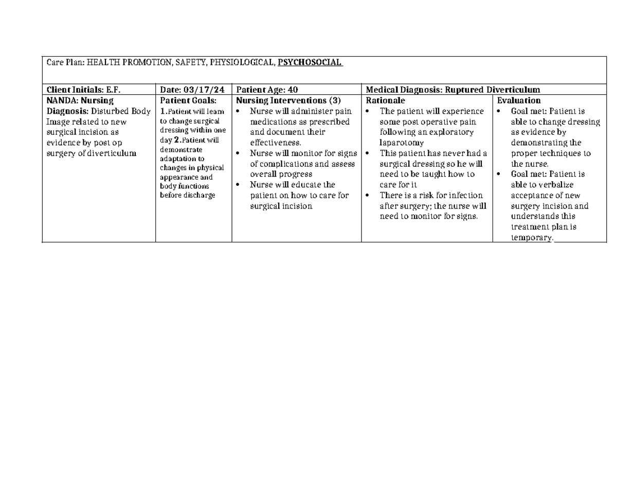 Care Plan Assignment - Care Plan: HEALTH PROMOTION, SAFETY ...