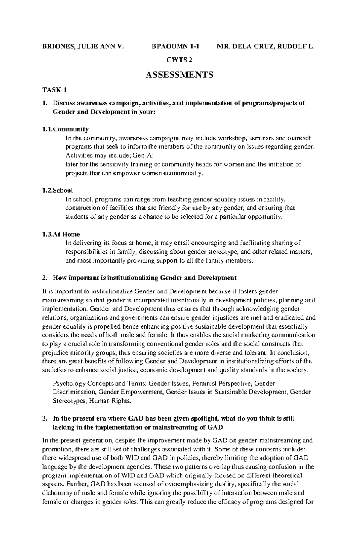 Assessments Gender and Development - BRIONES, JULIE ANN V. BPAOUMN 1- 1 ...