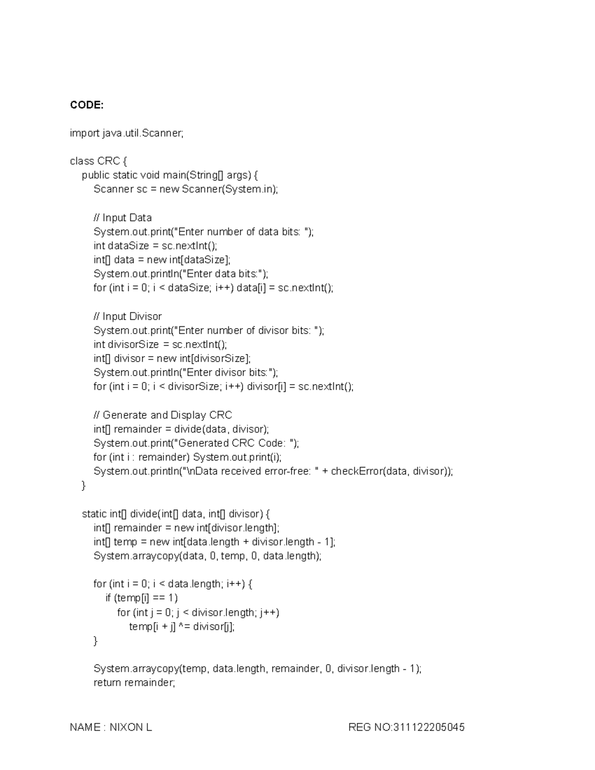 CN EX 10 - WWNS1J1WJSNWSNWQ - CODE: import java.util; class CRC { public static void main(String ...