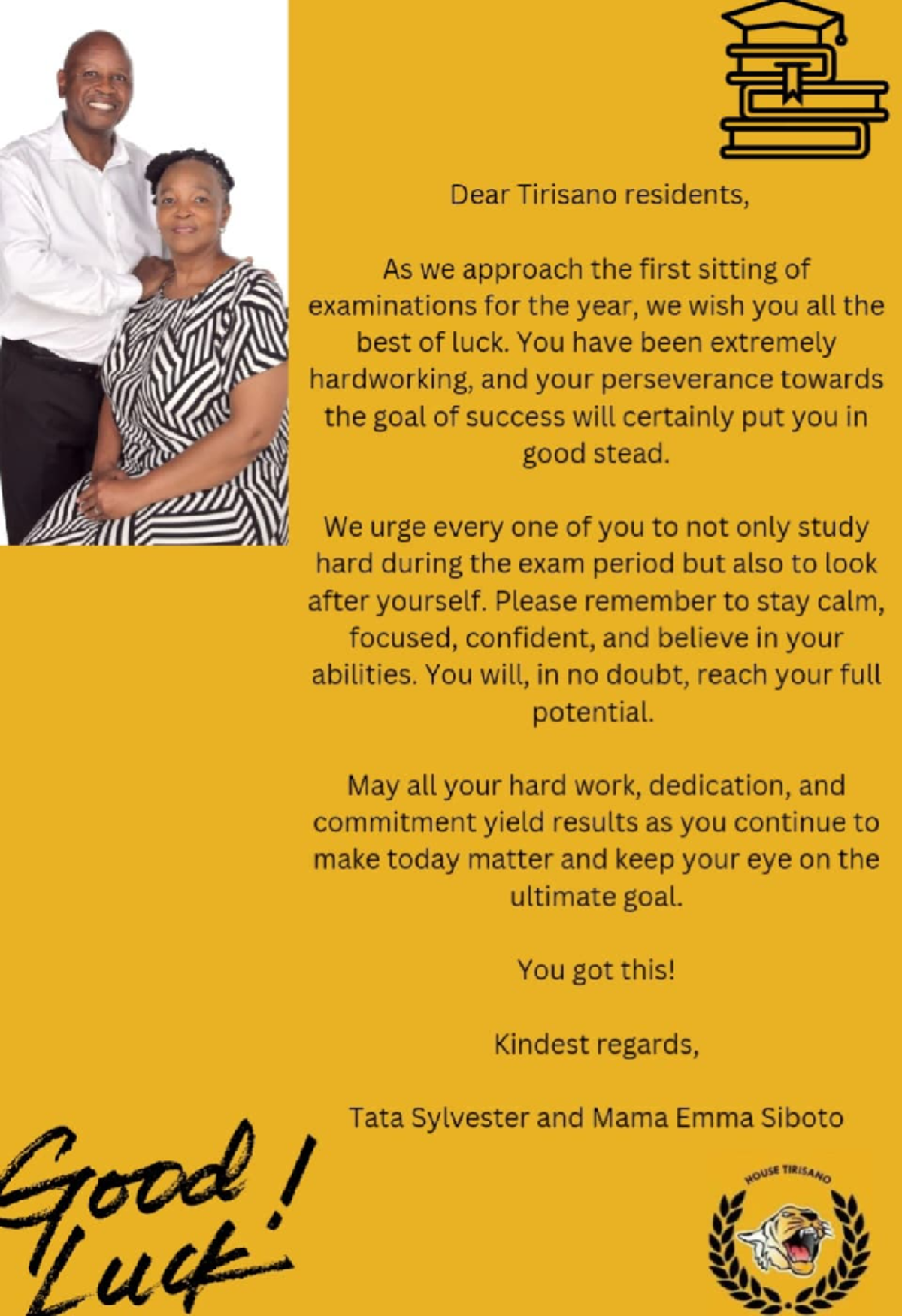 House Tirisano - Dear Tirisano residents, As we approach the first ...