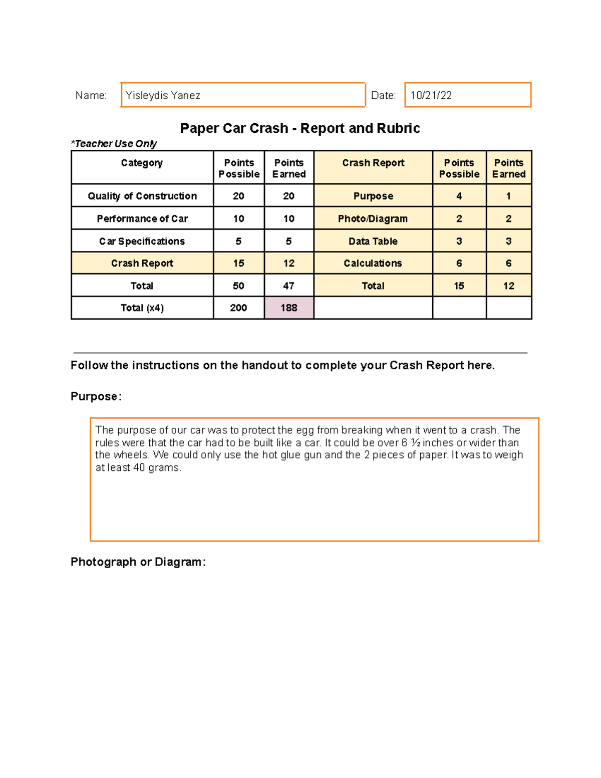Lab Report - Paper Car Crash - Yanez, Yisleydis - Name: Yisleydis Yanez ...