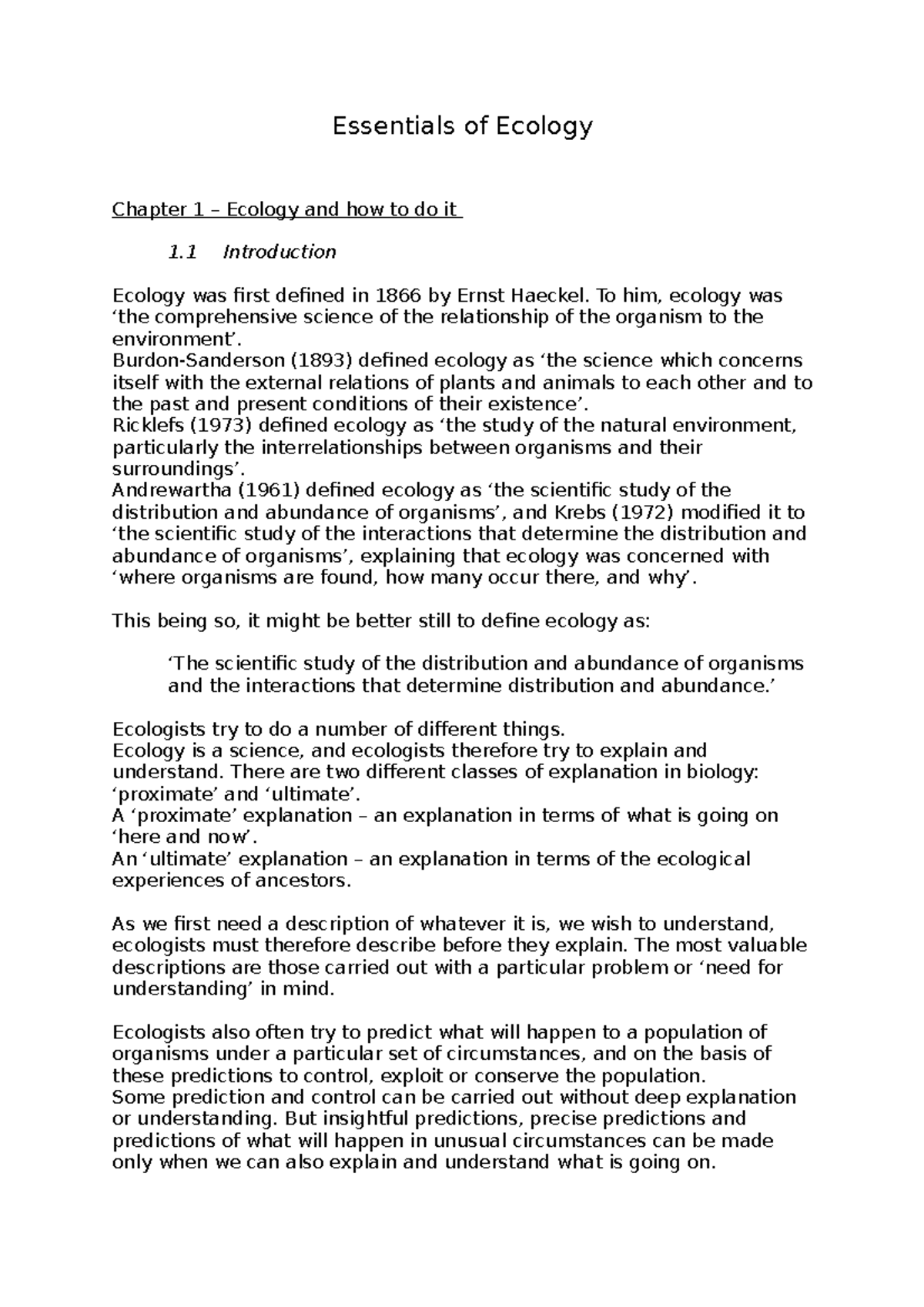 Essentials of Ecology 1 - Essentials of Ecology Chapter 1 – Ecology and ...