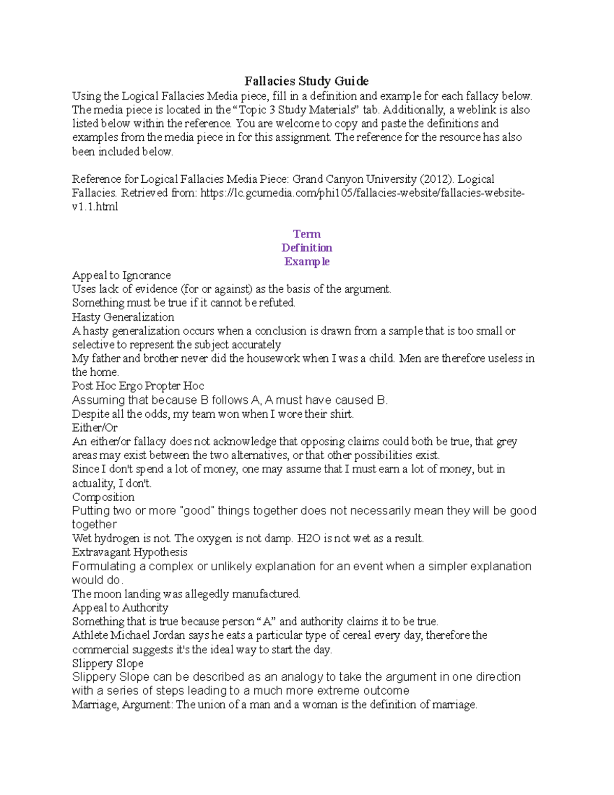 PHI-105 Fallacy Study Guide-v1 - Fallacies Study Guide Using the ...