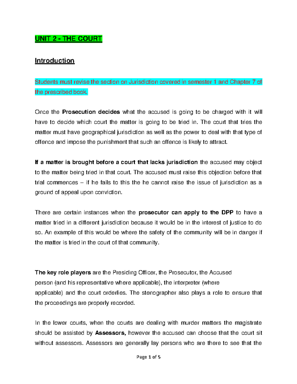 UNIT 2- Trial Courts - Chapter 7 20 - UNIT 2 - THE COURT Introduction ...