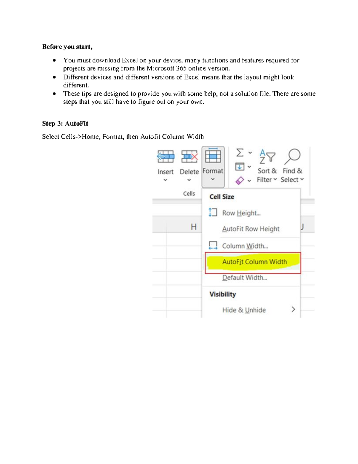 Excel Project #1 Tips - Before you start, You must download Excel on your device, many functions ...