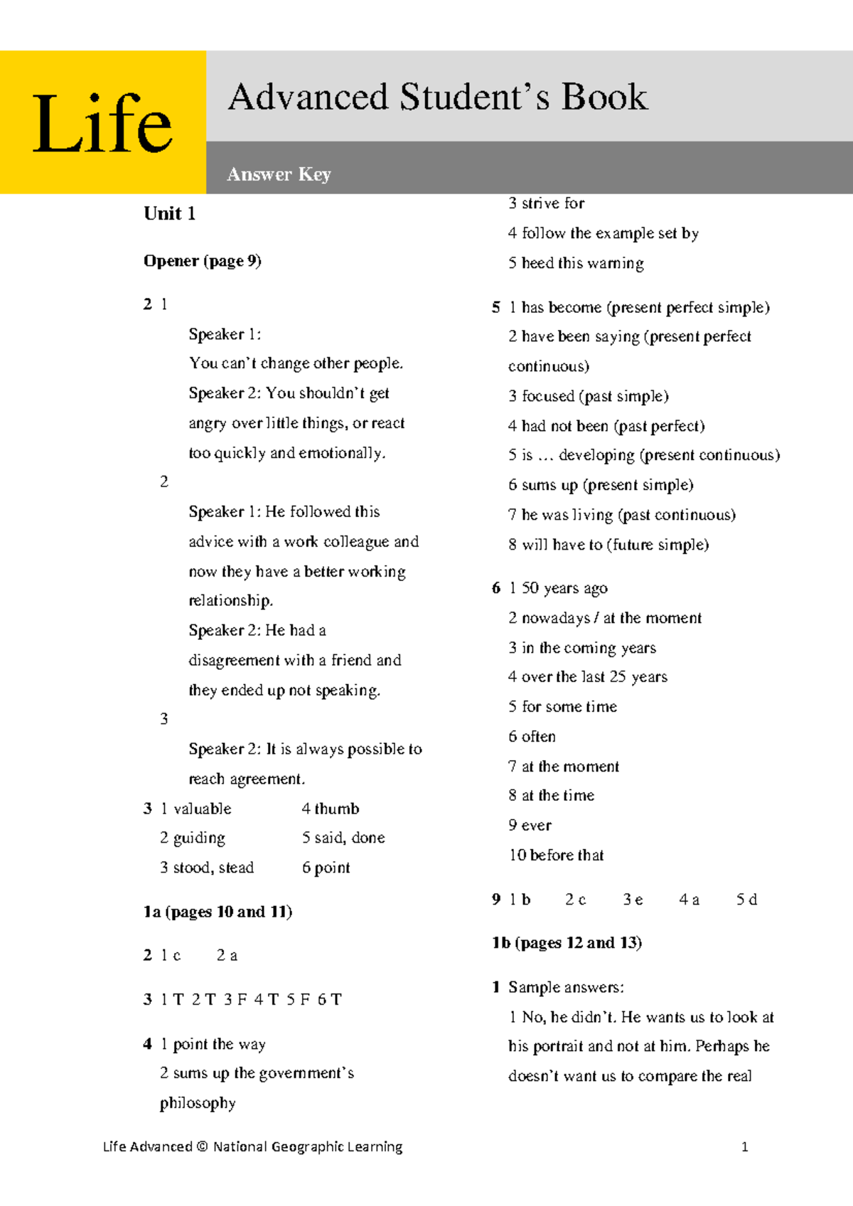 Student's Book Answer Key - Advanced Student’s Book Answer Key Unit 1 ...