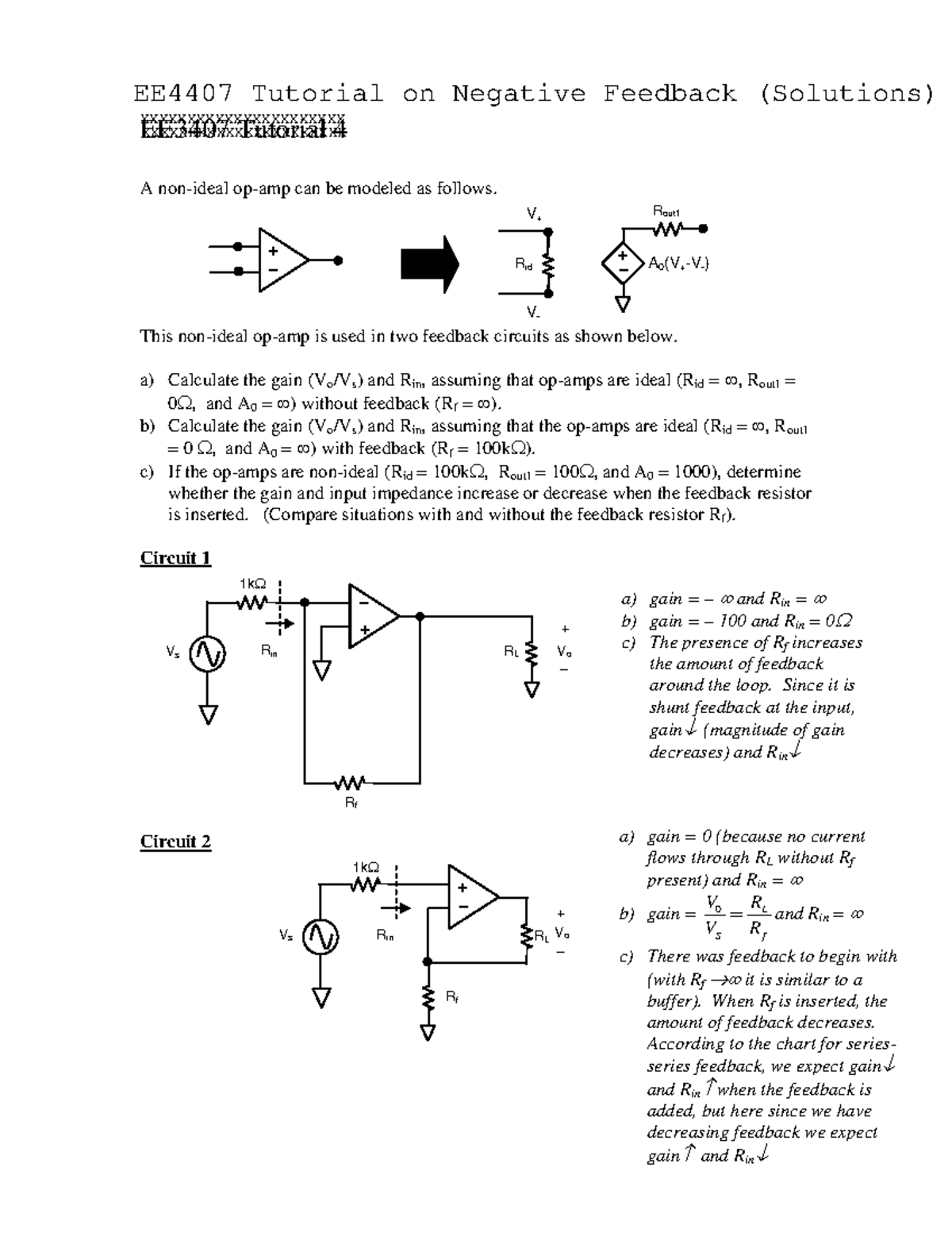 Tutorial 8 Negative Feedback Solution - EE3407 Tutorial 4 A non-ideal ...