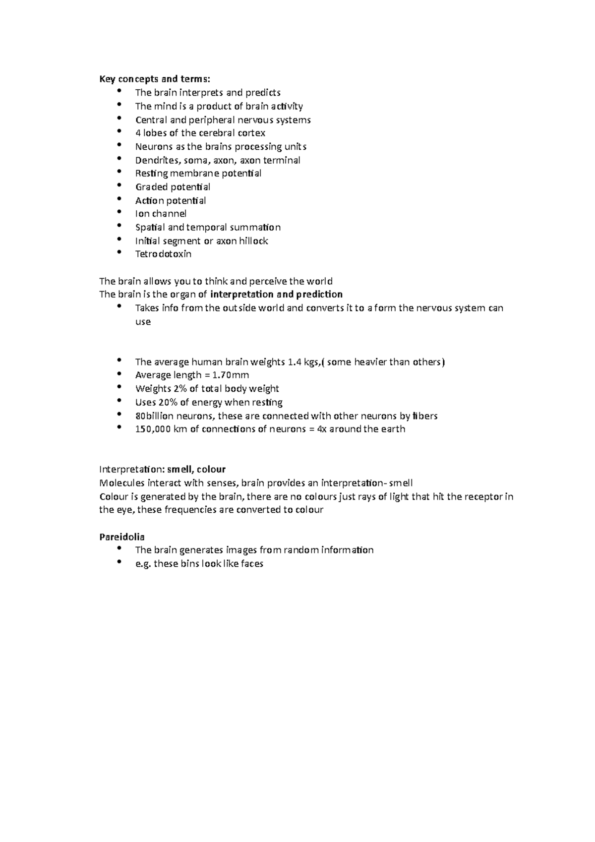 Neurons Psyc Psyc Nerons Lecture Notes Key Concepts And Terms The Brain Interprets And