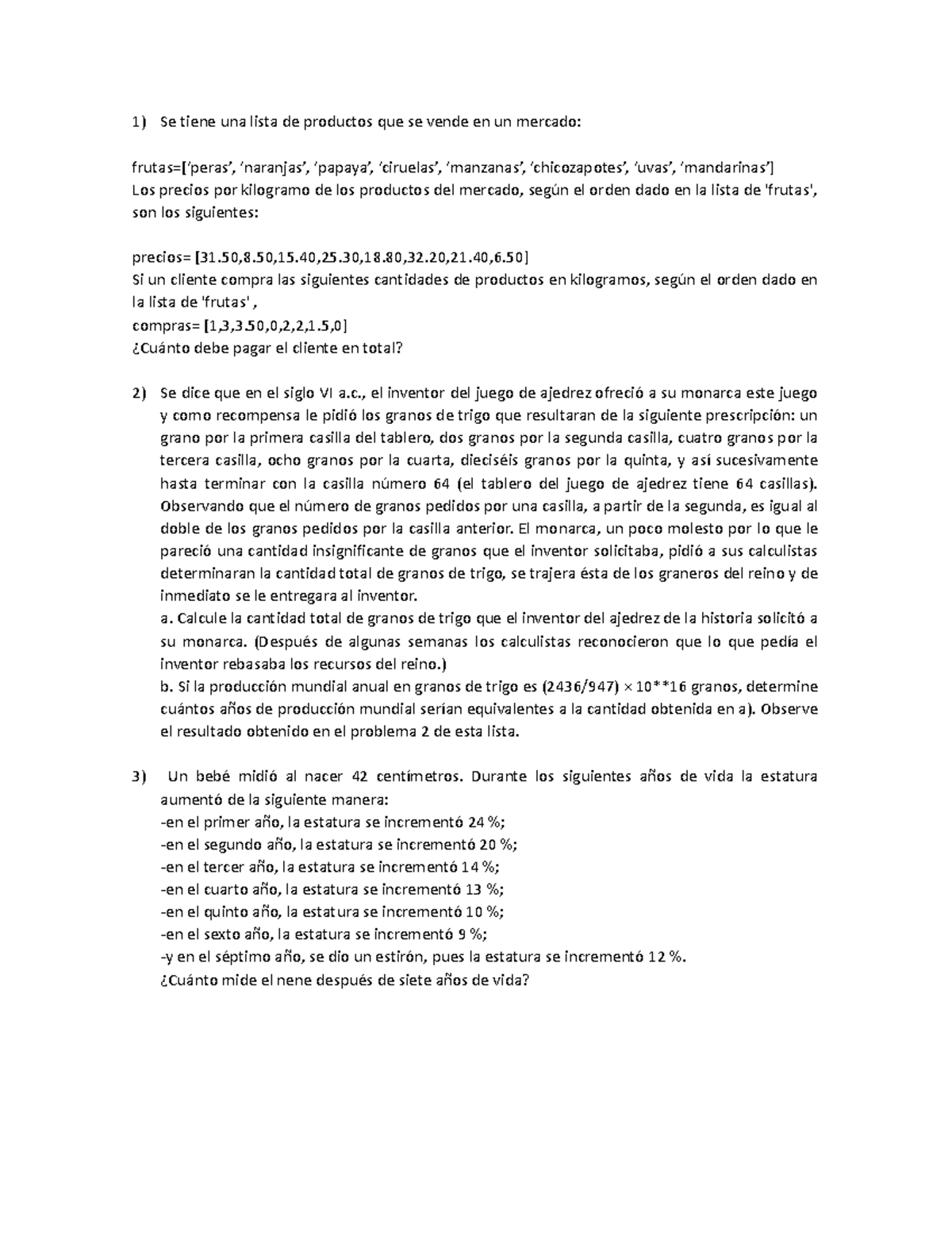 Ejercicios Listas - fnfnfn - Se tiene una lista de productos que se ...