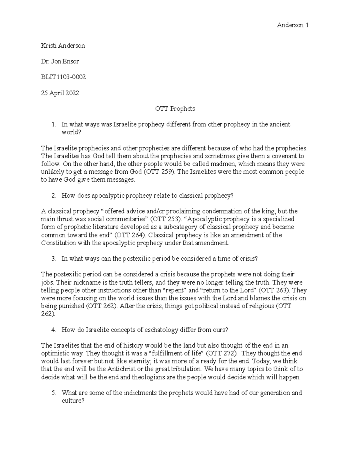 OTT Prophets - Dr. Jon Ensor - Anderson 1 Kristi Anderson Dr. Jon Ensor ...