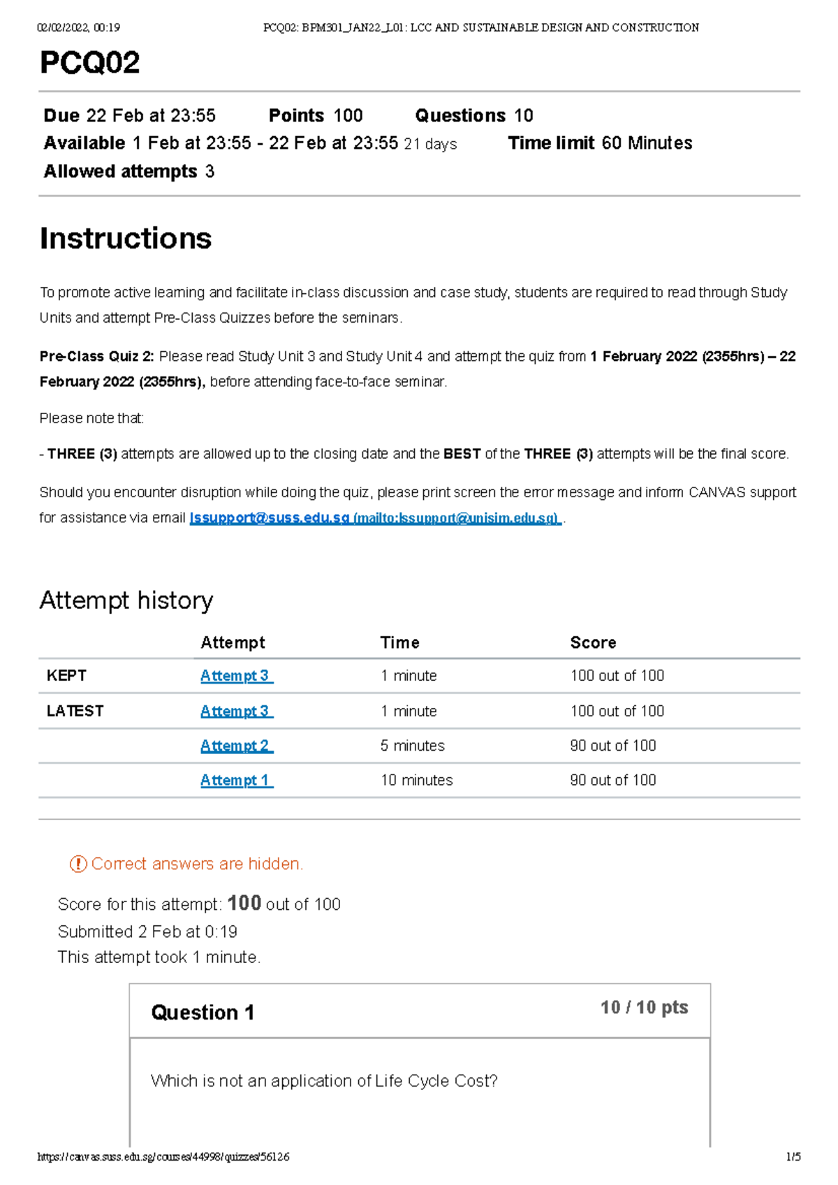 BPM301 PRE CLASS QUIZ 012 - PCQ Due 22 Feb at 23:55 Points 100 ...