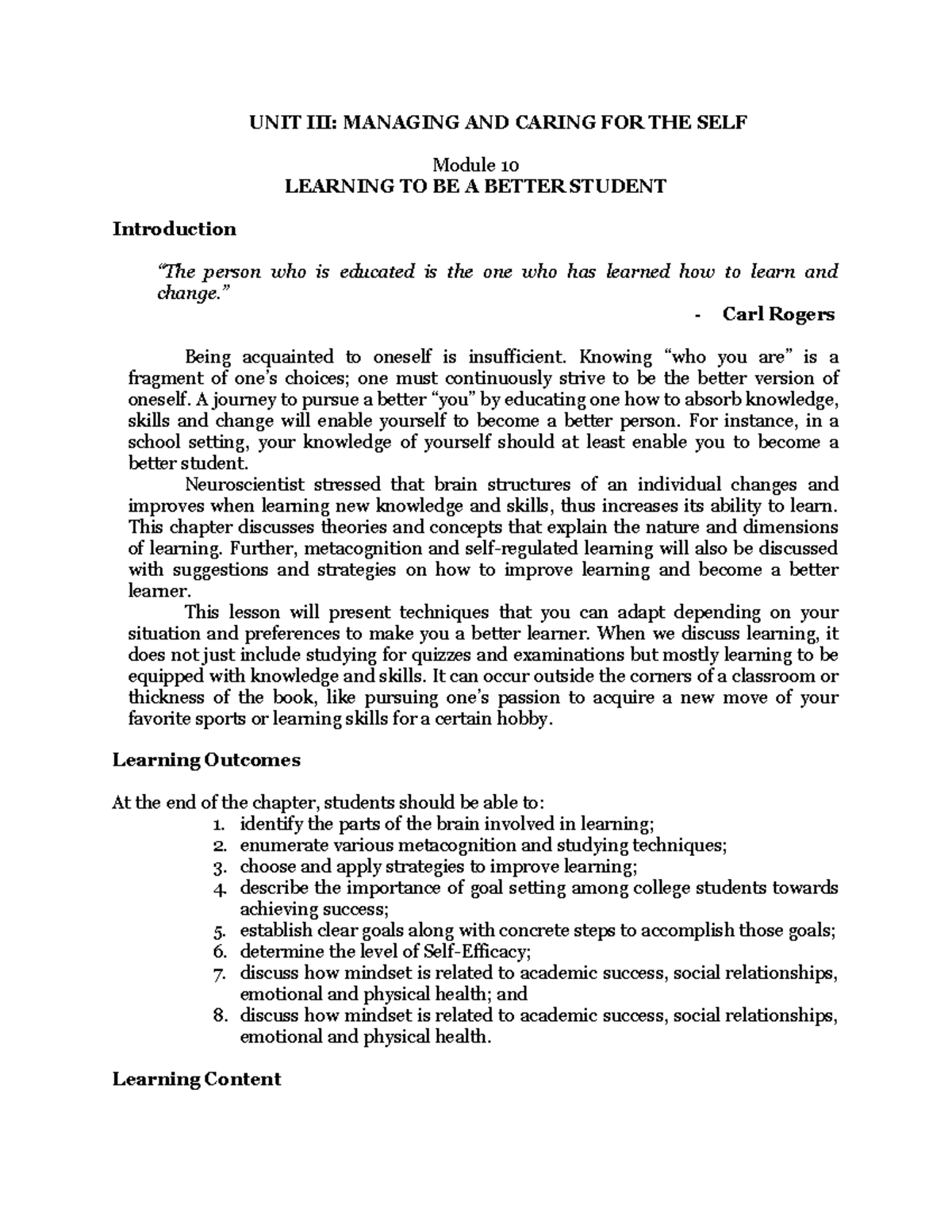 Module-10 - philosophy - UNIT III: MANAGING AND CARING FOR THE SELF ...