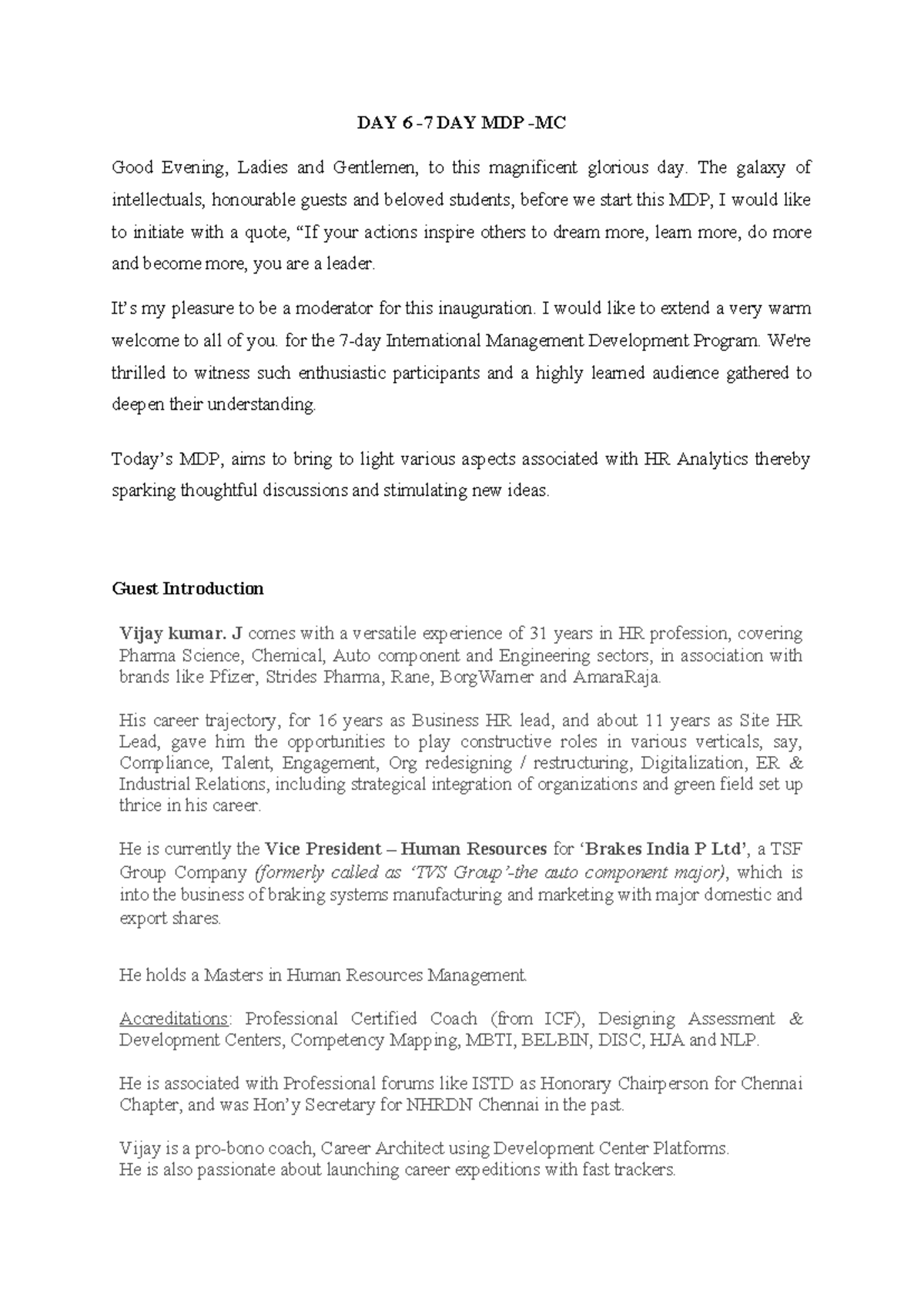 MC for Day 6- Saravanan - Guest Introduction - DAY 6 -7 DAY MDP -MC ...