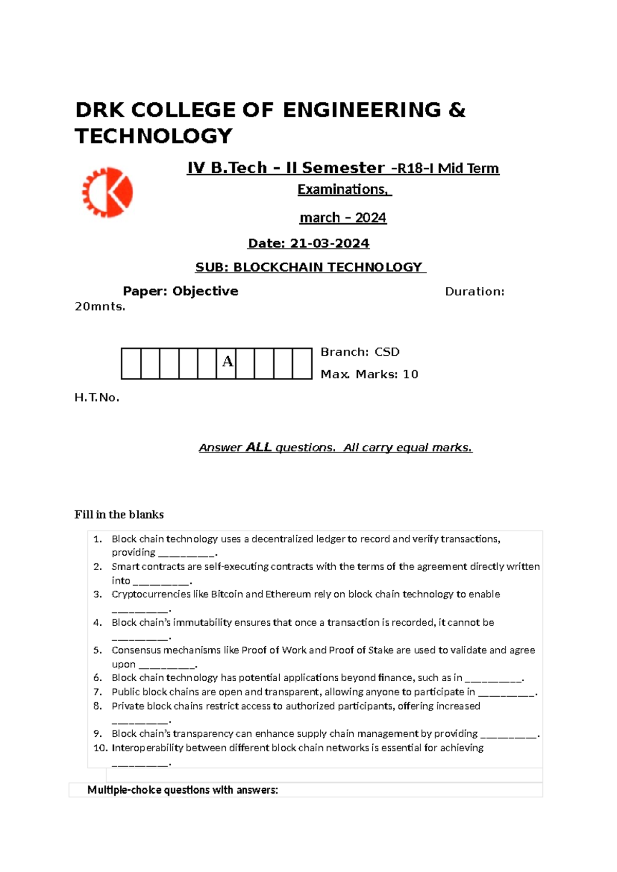Blockchain objectives - DRK COLLEGE OF ENGINEERING & TECHNOLOGY IV B ...
