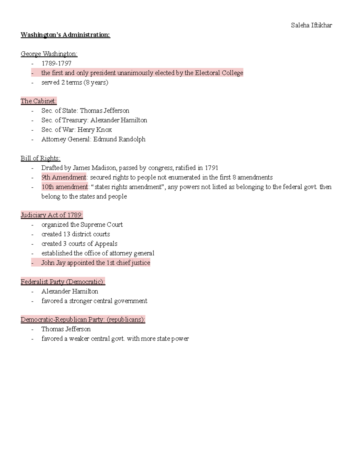 History chapter 10 notes - Google Docs - Washington’s Administration ...
